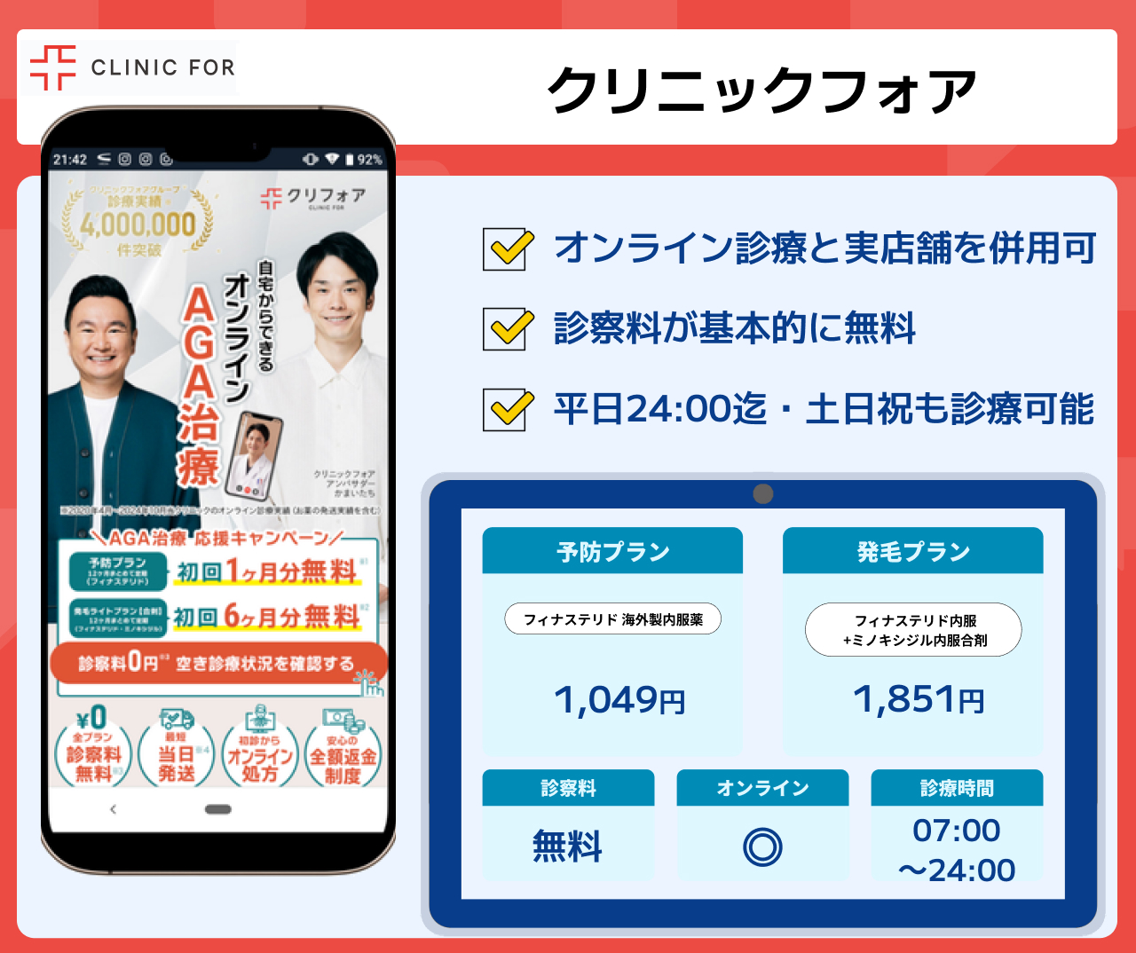 クリニックフォア（クリフォア）のAGA治療の口コミ評判を利用者21名から紹介｜違法・怪しいについても | 【麹町皮ふ科・形成外科クリニック】美容整形メディカルブログ